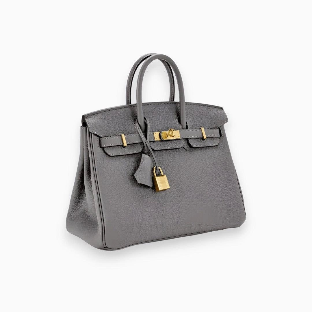 Luxury Gray Leather Handbag | Designer Gold Lock Tote – Avencea