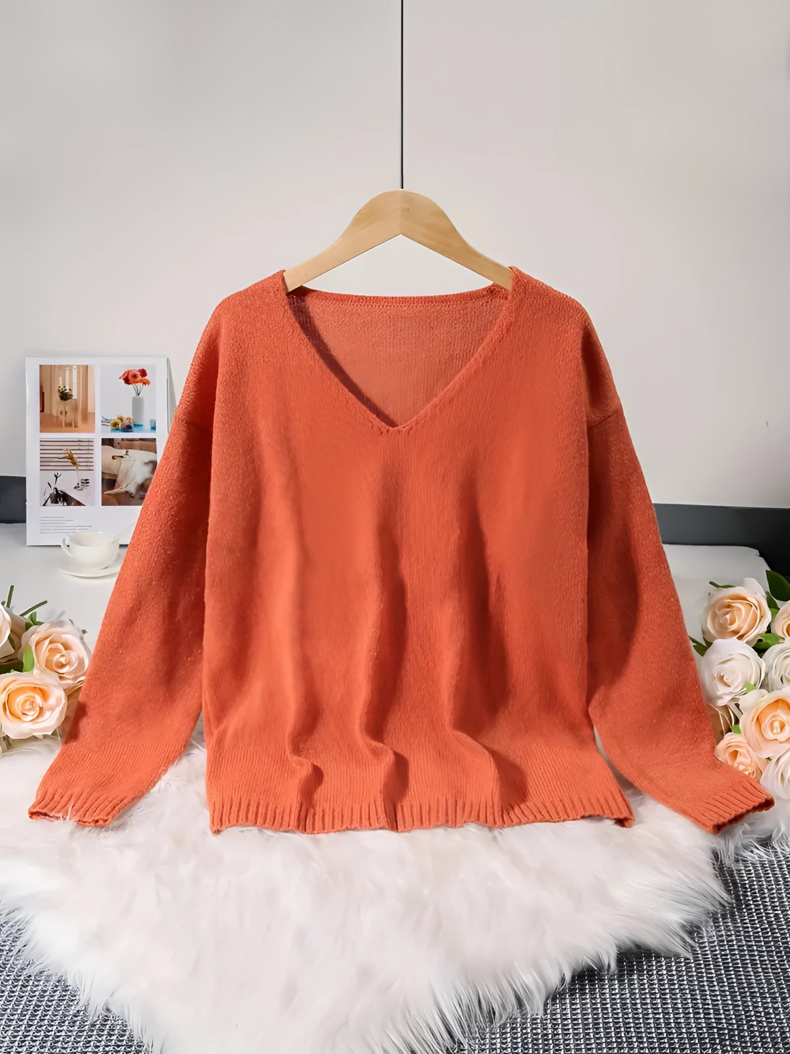 Women's Burnt Orange V-Neck Sweater - Soft Knit Relaxed Fit Pullover ...